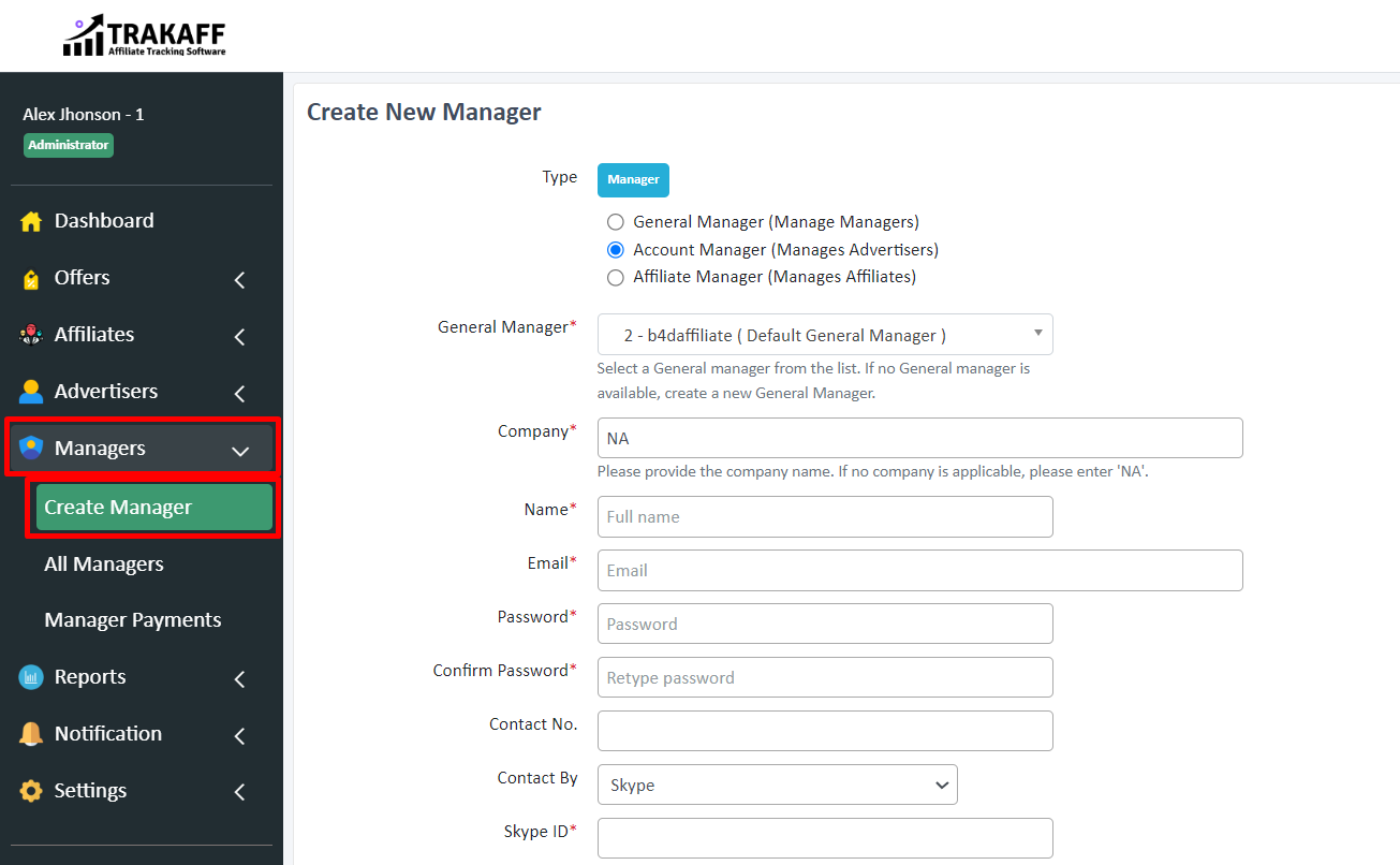 Trakaff - Create Manager Account