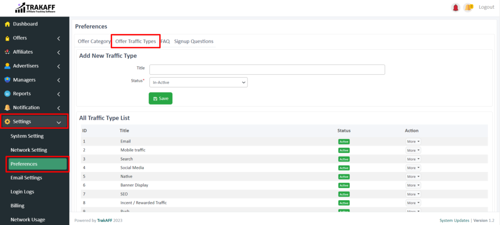 Add or Control for Offer Traffic Types - Trakaff