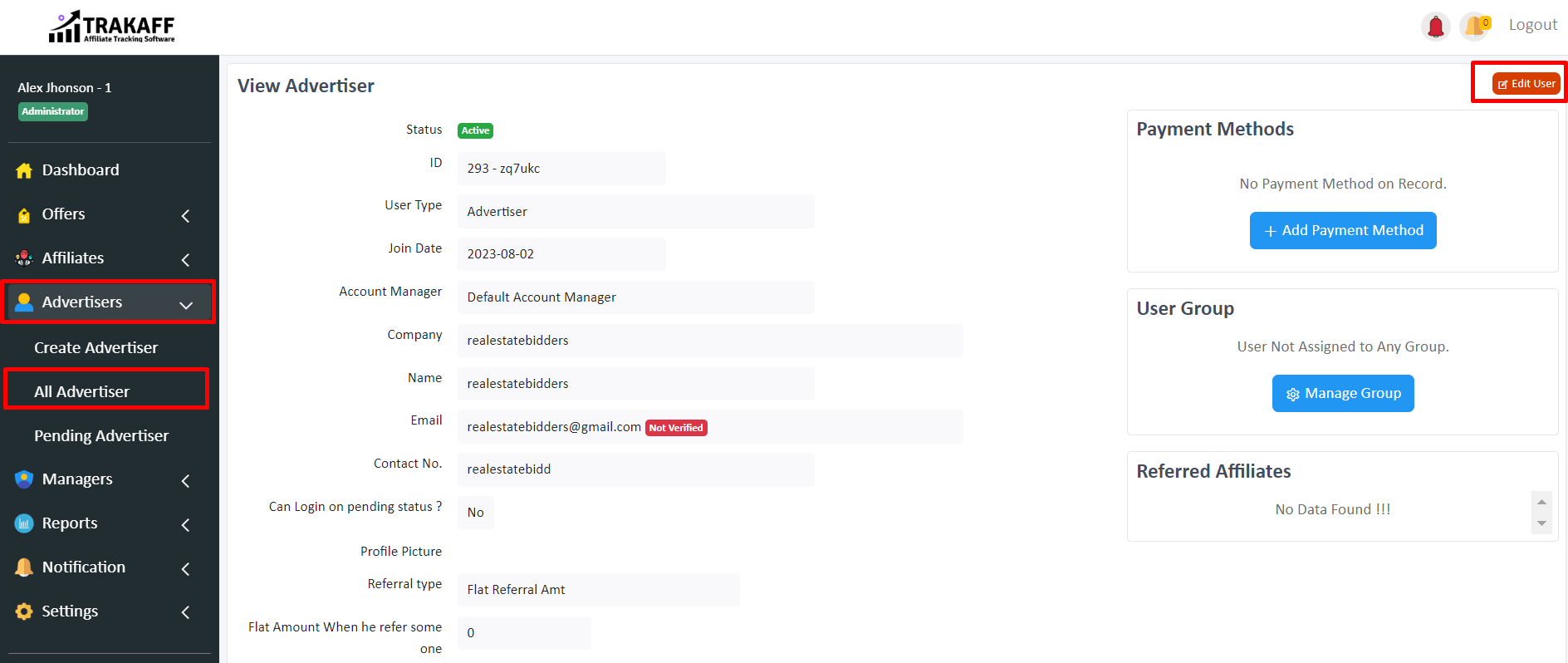 edit Advertiser - Trakaff