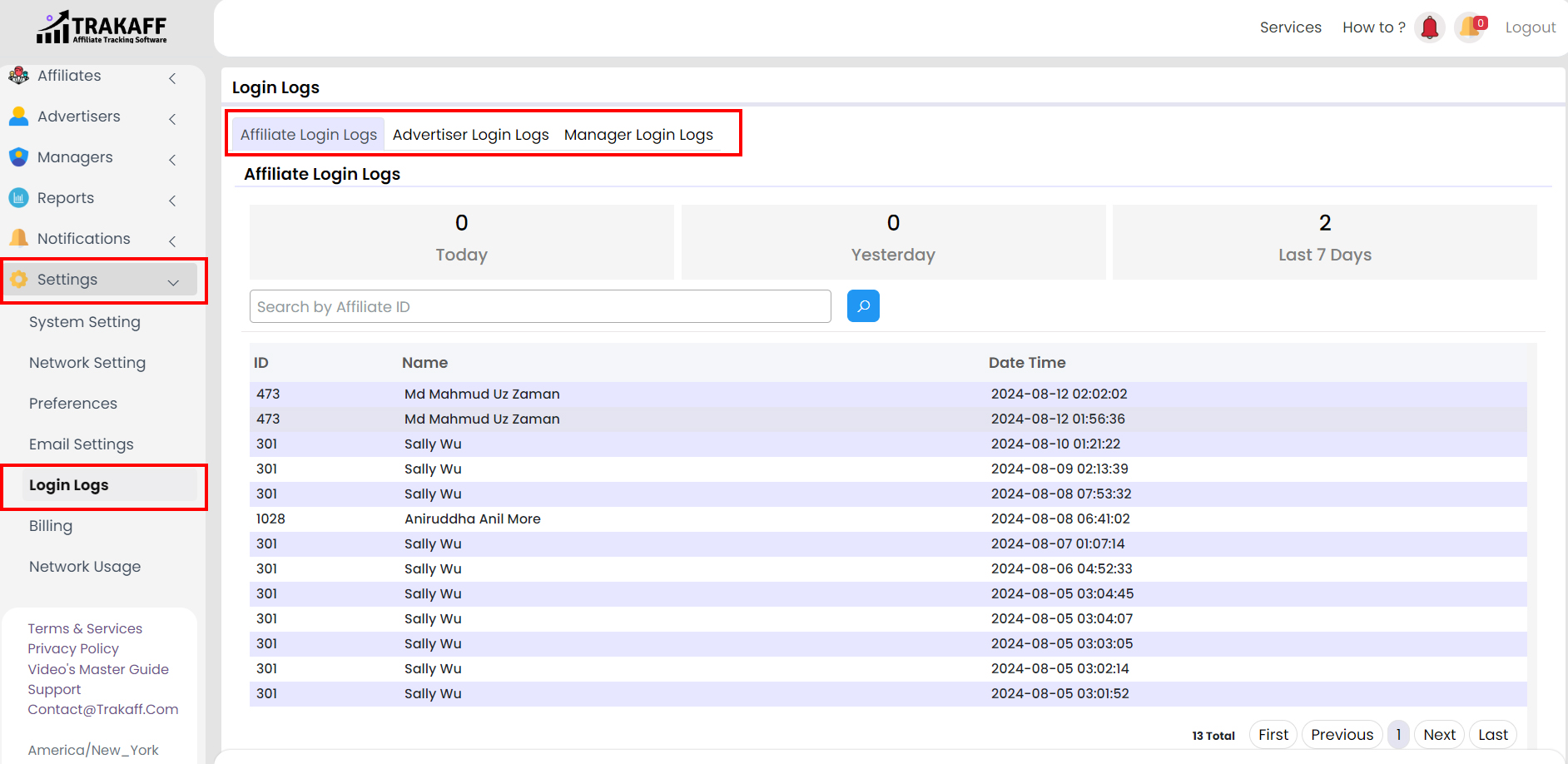 Trakaff - Check Login Logs